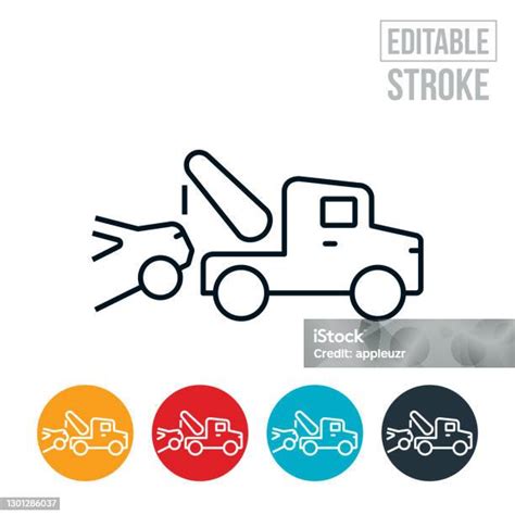 견인 트럭 견인 자동차 타이어 얇은 라인 아이콘 편집 스트로크 아이콘에 대한 스톡 벡터 아트 및 기타 이미지 아이콘 견인 견인차 Istock