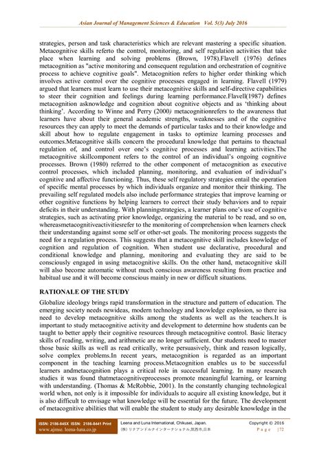 Meta Cognitive Skills In Relation To Sex Parental Education And Achievement Of Elementary