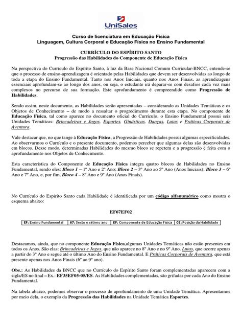 Progressão Curricular Das Habilidades Da Ef Pdf Educação Física
