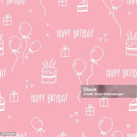 귀여운 손으로 그린 생일 원활한 패턴 풍선 케이크 선물 상자와 장식 포장 직물 배너 배경 화면 벡터 디자인에 대한 좋은 재미있는 배경 연속무늬에 대한 스톡 벡터 아트 및