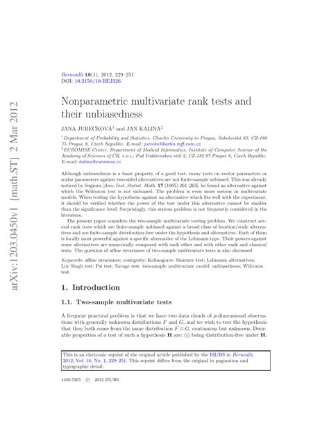 Pdf Nonparametric Multivariate Rank Tests And Their Unbiasedness