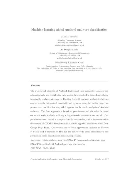 Pdf Machine Learning Aided Android Malware Classi Cationnary And