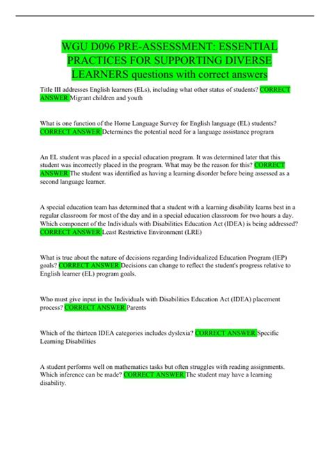 WGU D PRE ASSESSMENT ESSENTIAL PRACTICES FOR SUPPORTING DIVERSE LEARNERS Questions With