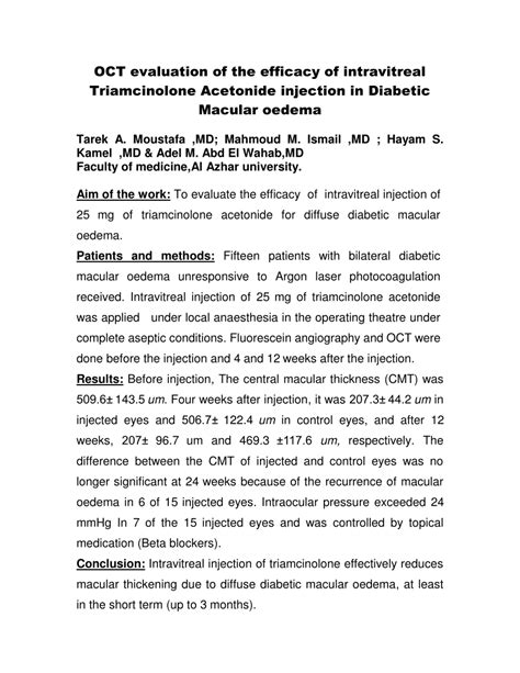 Pdf Oct Evaluation Of The Efficacy Of Intravitreal Triamcinolone Acetonide Injection In