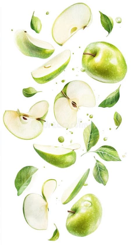 Green Apple Slices And Leaves Floating On White Background Generative Ai Stock Illustration