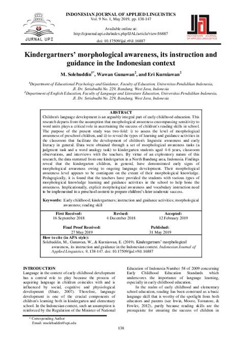 Pdf Kindergartners Morphological Awareness Its Instruction And Guidance In The Indonesian