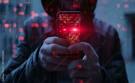 A Man Holding His Smartphone With A Red Scary Face Icon And Binary Code On The Screen Depicting A Man Holding His Smartphone With A Red Scary Face Icon And Binary Code On The Screen Depicting