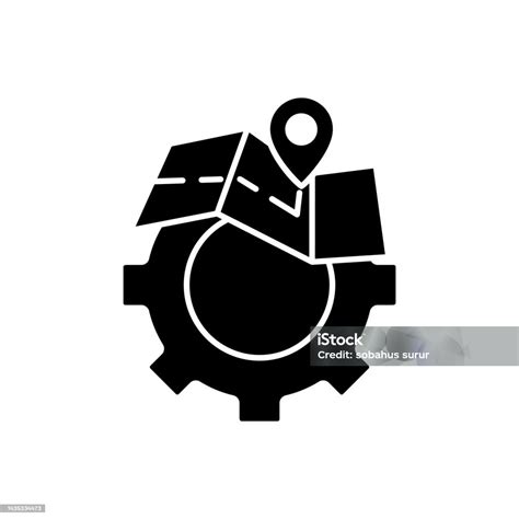 지도가 있는 기어 글리프 아이콘 그림입니다 수리 위치 아이콘에 적합합니다 아이콘 그림 관련 수리 유지 보수 간단한 벡터 디자인 편집 가능 공장 산업 건물에 대한 스톡 벡터