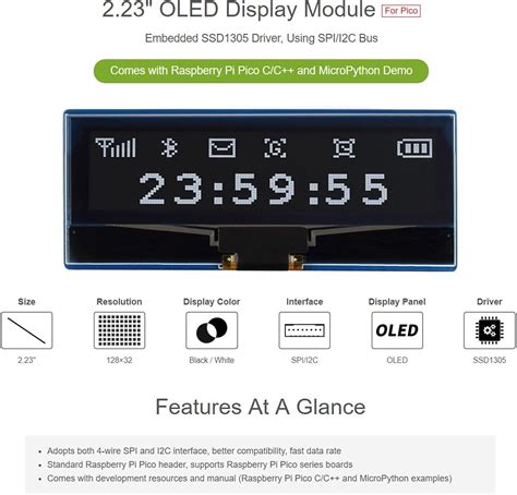 Waveshare 223inch Oled Display Module For Raspberry Pi Pico 128×32 Pixels Spii2c Interface