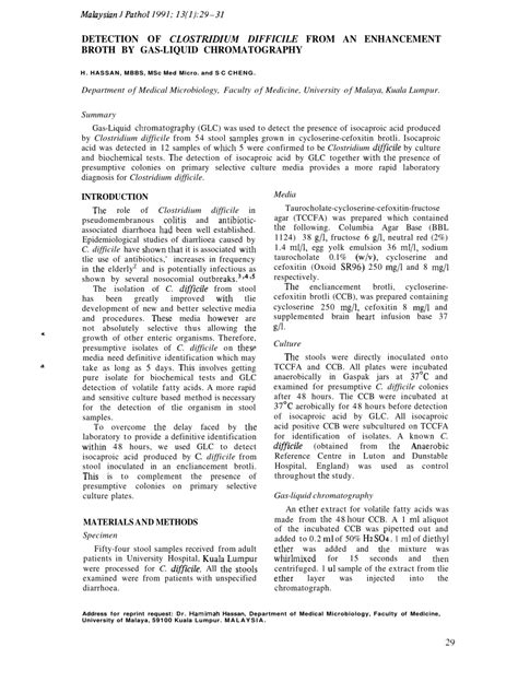 Pdf Detection Of Clostridium Difficile From An Enhancement Broth By Gas Liquid Chromatography
