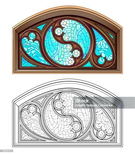 고딕 양식의 스테인드 글라스 창문의 화려하고 흑백 그림 어린이와 성인을 위한 색칠하기 책 서유럽의 중세 건축 양식 그림과 명상을