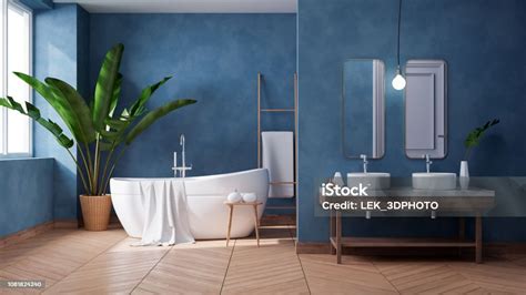 고급 스러운 현대적인 욕실 인테리어 디자인 흰색 욕조에 그런 지 어두운 파란색 벽 3d 렌더링 화장실 건축물에 대한 스톡 사진 및 기타 이미지 Istock