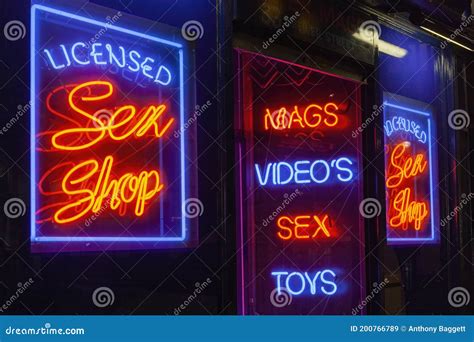 Sex Shop Neon Sign Advertising An Adult Licensed Business In The Soho Red Light District Stock