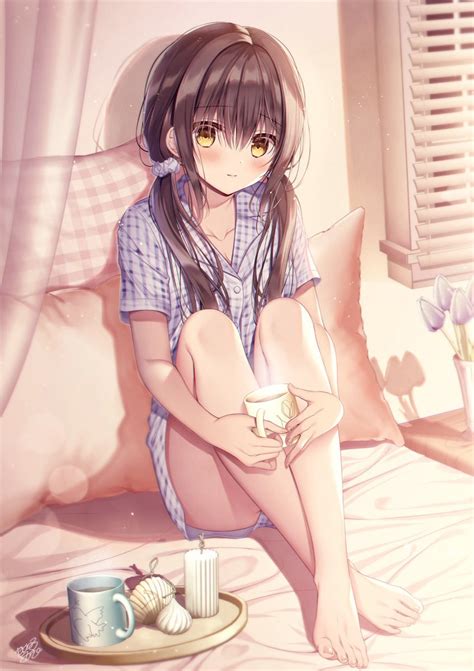 Tanihara Natsuki Original Commentary Request Highres Girl Bare Legs Barefoot Bed Blush