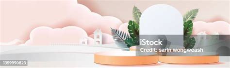 3d 기하학적 포디움 모형 잎 열대 자연 컨셉 을 선보일 녹색 배경 추상 적 최소화 장면 제품 프리젠 테이션 벡터 일러스트레이터 0명에 대한 스톡 벡터 아트 및 기타 이미지