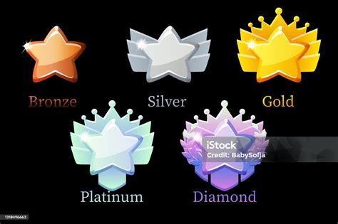게임 랭크 리워드 스타 골드 실버 플래티넘 브론즈 다이아몬드 아이콘 6단계 게임 애니메이션 금 금속에 대한 스톡 벡터 아트 및 기타 이미지 Istock