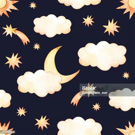 수채화 원활한 패턴 구름 달 태양과 별 별이 빛나는 하늘 배경 어린이 방에 이상적입니다 좋은 밤 인쇄 베이비 샤워 인사말 카드 직물 섬유 포장지에 적합 0명에 대한 스톡