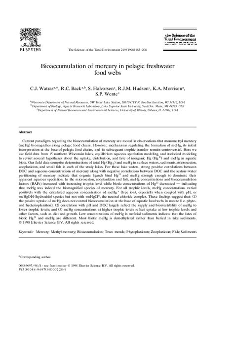 Pdf Bioaccumulation Of Mercury In Pelagic Freshwater Food Webs Robert Hudson