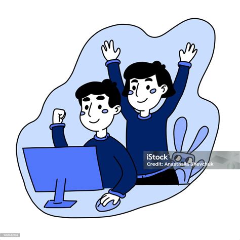 두 사람이 모니터를보고 기뻐합니다 행복 승리 성취 컴퓨터 게임에서 승리 레벨을 완료했습니다 흰색 배경에 있는 사람들의 평면 스타일에 있는 파란색의 벡터 그림 1위에 대한