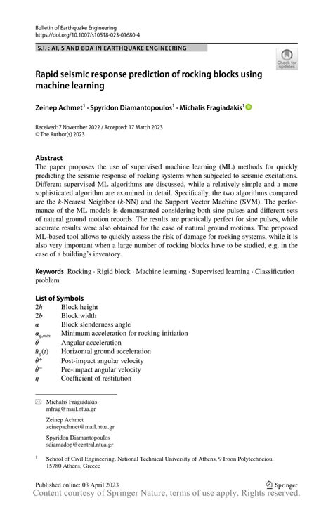 Pdf Rapid Seismic Response Prediction Of Rocking Blocks Using Machine Learning