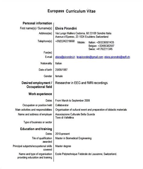 Sample Europass Curriculum Vitae PDF Free Samples Examples Format