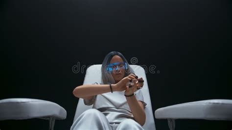 Haptic Sensors Hands Woman Sitting Armchair Teenager Using Augmented Reality Stock Video