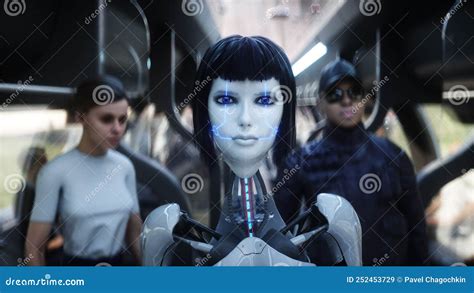 Female Robot In Flying Futuristic Train Futuristic City Flying Car Traffic Megapolice Future