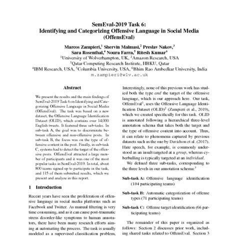 Semeval 2019 Task 6 Identifying And Categorizing Offensive Language In Social Media Offenseval