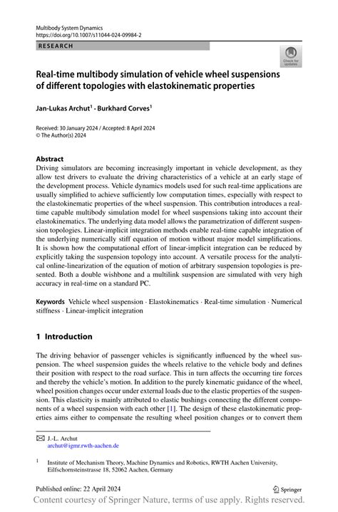 pdf real time multibody simulation of vehicle wheel suspensions of different topologies with
