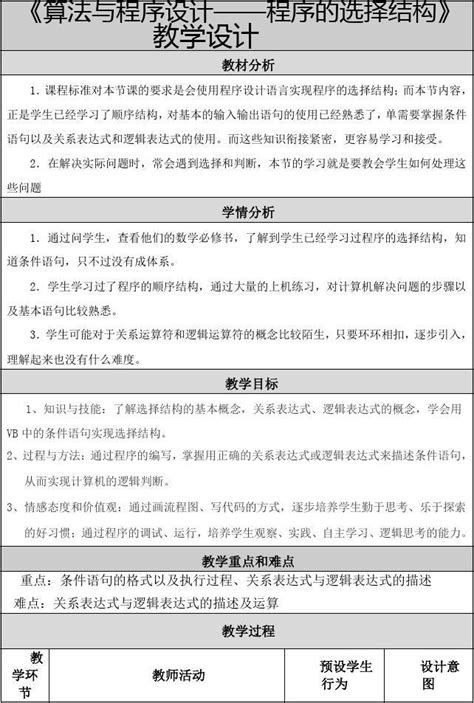 《算法与程序设计——程序的选择结构》教学设计word文档在线阅读与下载无忧文档