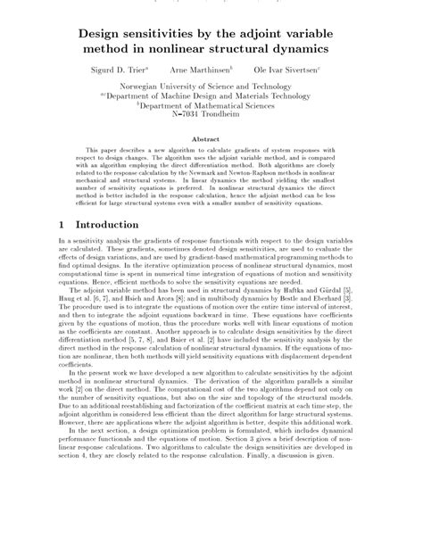 Pdf Design Sensitivities By The Adjoint Variable Method In Nonlinear Structural Dynamics