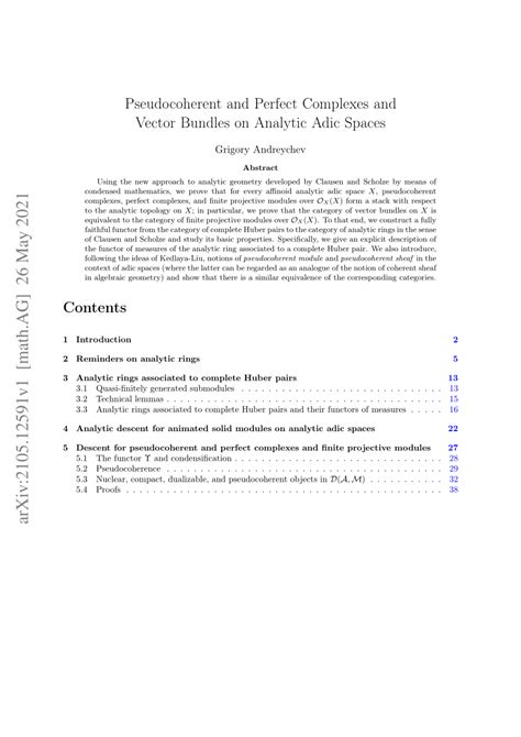 Pdf Pseudocoherent And Perfect Complexes And Vector Bundles On Analytic Adic Spaces