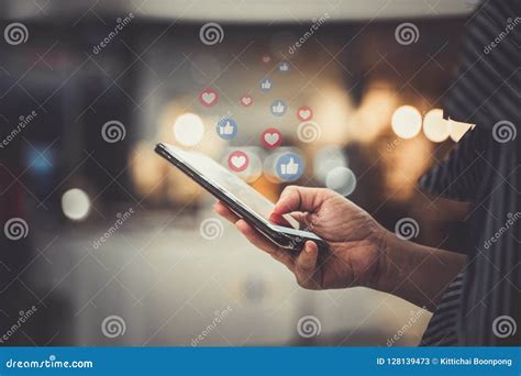 Hand Using Smartphone With Social Media Concept Stock Image Image Of Industrial Happy 128139473