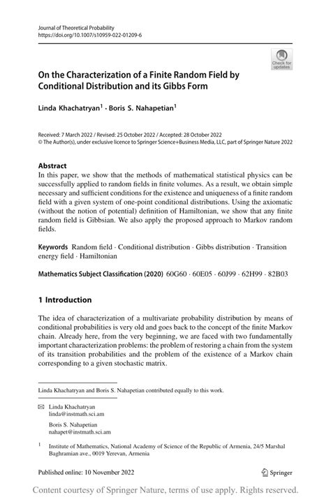 On The Characterization Of A Finite Random Field By Conditional