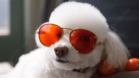 White Poodle Wearing Bright Orange Sunglasses Background A White Toy