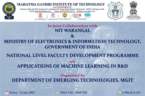 National Level Faculty Development Programme On Applications Of Machine Learning In R And D Mgit
