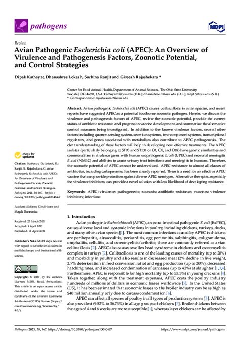 Pdf Avian Pathogenic Escherichia Coli Apec An Overview Of Virulence And Pathogenesis