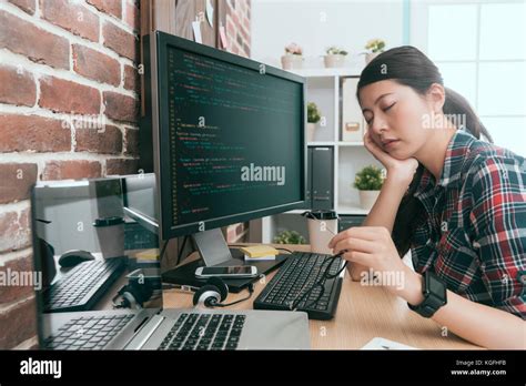 Pretty Elegant Lady Computer Developer Sitting In Front Of Working Computer Design Coding Long