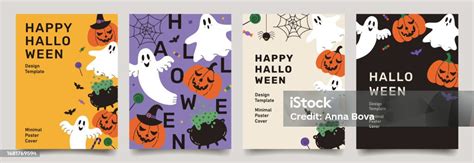 재미있는 유령 호박 박쥐 및 현대적인 타이포그래피가 있는 트렌디한 미니멀 할로윈 포스터 세트 축제 배경 표지 판매 배너 전단지 디자인 광고 웹 소셜 미디어용 템플릿입니다
