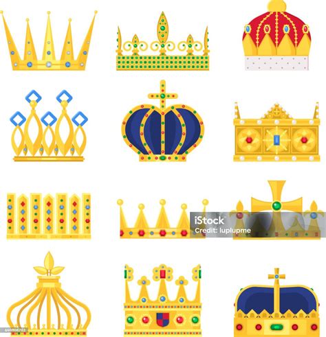 왕의 황금 왕관 아이콘 설정 귀족 장엄한 컬렉션 휘장과 임페리얼 프린스 빈티지 보석 왕국 여왕 로얄 클래식 기호 벡터 일러스트 레이 션 고풍스런에 대한 스톡 벡터 아트 및