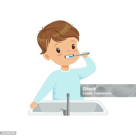 그의 솔 질 하는 귀여운 작은 소년 아이 치아 흰색 배경에 욕실 벡터 일러스트 레이 션에에서 대 한 배려 개수대에 대한 스톡 벡터 아트 및 기타 이미지 Istock