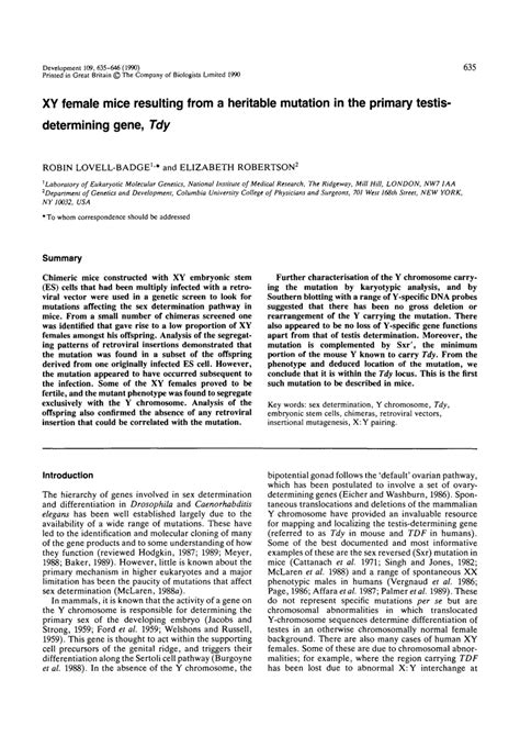 Pdf Xy Female Mice Resulting From A Heritable Mutation In The Primary Testis Determining Gene Tdy