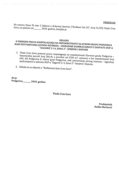 Predlog Odluke O Prenosu Prava Raspolaganja Na Nepokretnosti Glavnom Gradu Podgorica Radi