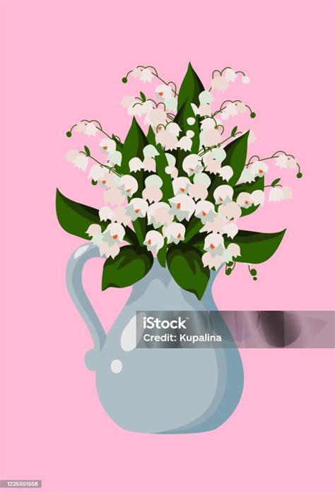 벡터 플랫 일러스트 와 봄 꽃 꽃병에 계곡의 흰색 귀여운 백합 꽃다발 핑크 0명에 대한 스톡 벡터 아트 및 기타 이미지 0명 3월 5월 Istock