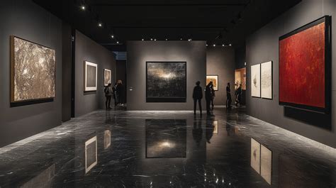 어두운 분위기의 모던한 갤러리 내부 고급스러운 조명 아래 다양한 현대 미술 작품들이 전시되어 있는 모습 벽은 깊은 회색 톤으로 칠해져 있으며 바닥은 매끄러운 검은색