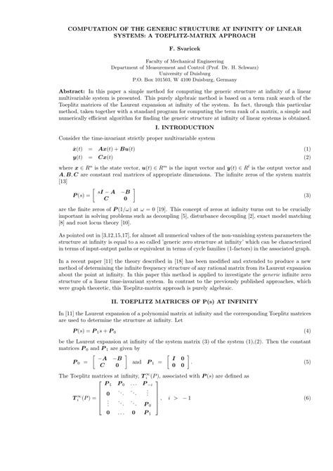 Pdf Computation Of The Generic Structure At Infinity Of Linear Systems A Toeplitz Matrix Approach