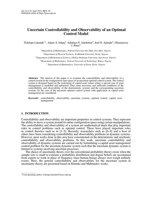 Pdf Uncertain Controllability And Observability Of An Optimal Control Model