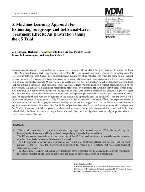 Pdf A Machine Learning Approach For Estimating Subgroup And Individual Level Treatment
