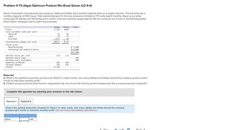 solved problem 4 73 algo optimum product mix excel solver