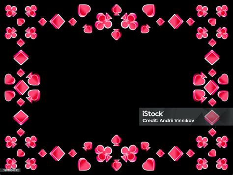 카드 슈트가 있는 프레임 다이아몬드 하트 클럽 3d 스타일의 스페이드 빨간색 그라데이션의 카드 슈트의 아이소메트릭 기호 카드 게임 카지노 초대장 및 배너용 템플릿을